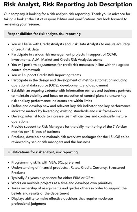 Risk Analyst Risk Reporting Job Description Velvet Jobs