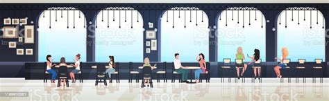 카페 테이블에 앉아 사람들은 현대 레스토랑 인테리어 수평 스케치 전체 길이를 충족하는 동안 논의 경주 방문자를 혼합 0명에 대한 스톡 벡터 아트 및 기타 이미지 Istock