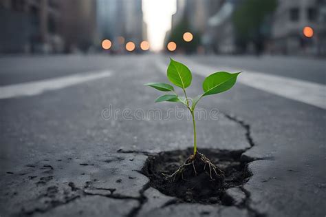 A Small Green Tree Breaks Through Asphalt Symbolizing Environmental Strength And The Vitality