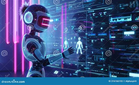 Conceptual Image Showcasing A Humanoid Robot Interacting With Futuristic Ai Interfaces Stock