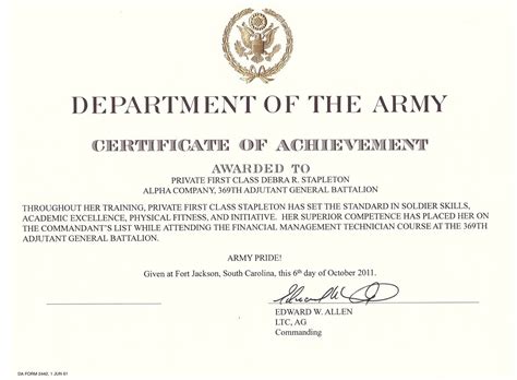 Da Form 2442 Certificate Of Achievement Template