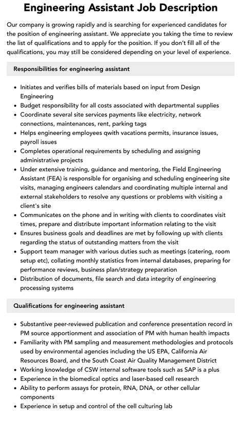 Engineering Assistant Job Description Velvet Jobs Engineering Assistant Job Description Velvet Jobs
