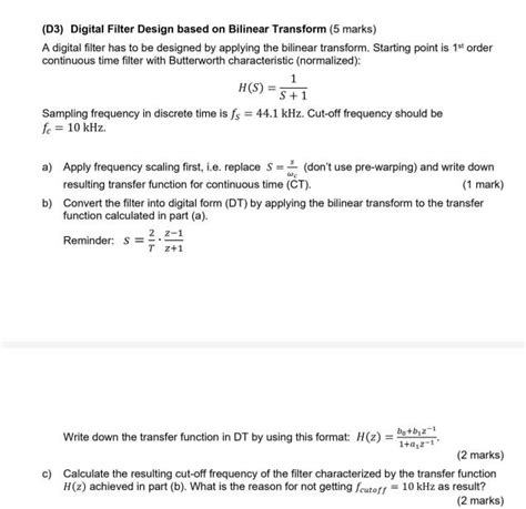 Solved D3 Digital Filter Design Based On Bilinear