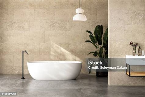 흰색 대리석 세면대와 이중 거울 욕조 식물 콘크리트 바닥 베이지색 타일 벽이 있는 밝고 최소한의 욕실 인테리어 호텔 스튜디오의 목욕 액세서리 및 펜던트 조명 3d 렌더링 0