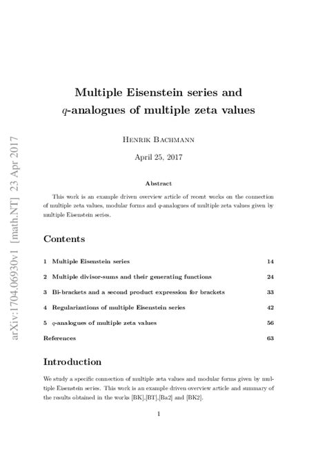 pdf multiple eisenstein series and q analogues of multiple zeta