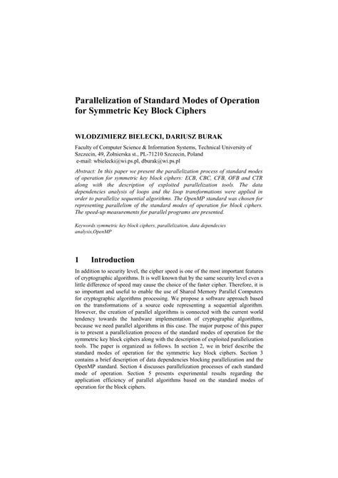 Pdf Parallelization Of Standard Modes Of Operation For Symmetric Key