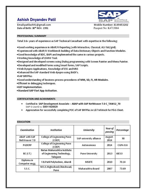 sap abap sample resume pdf sap se information technology