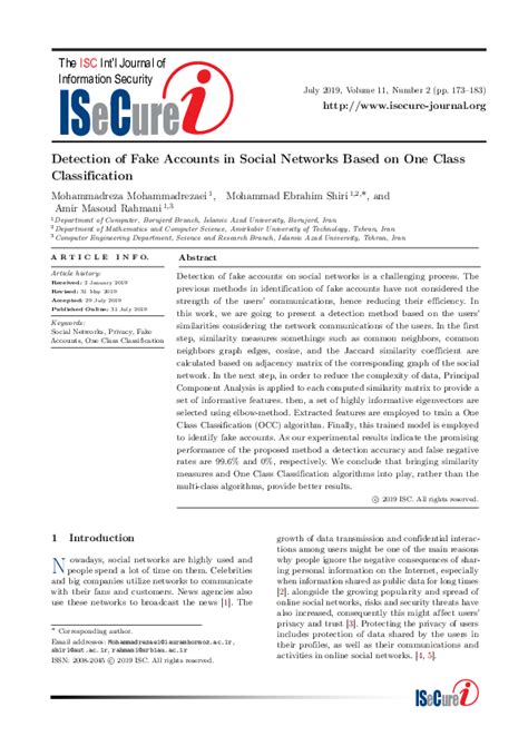 Pdf Detection Of Fake Accounts In Social Networks Based On One Class Classification