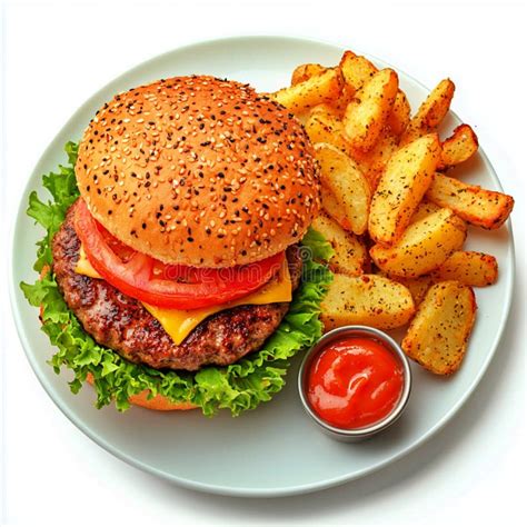 A Single Burger With Sesame Seed Bun Lettuce Tomato Cheese Beef Fries