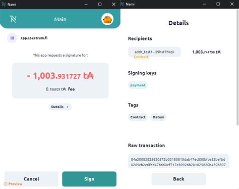 Details Of DApp Transaction To Be Signed Ex Example For Spectrum Fi Preview Test Net Issue