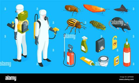 Isometric Pest Control Color Set With Icons Of Chemicals Detergents People In Protective Suits