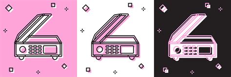 스캐너 아이콘을 분홍색과 흰색 검은색 배경으로 분리합니다 스캔 문서 종이 복사 인쇄 사무용 스캐너 벡터 스캐너에 대한 스톡 벡터