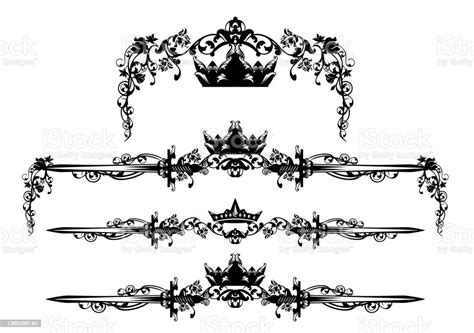 로얄 크라운 나이트 검 장미 블랙 실루엣 페이지 장식의 벡터 세트 검에 대한 스톡 벡터 아트 및 기타 이미지 검 왕관