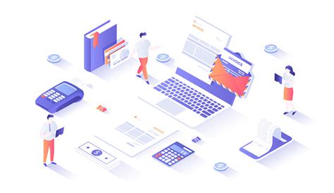 인보이스 발행 및 결제 온라인 지불 부기 회계 인터넷 뱅킹 전자 및 종이 송장 노트북 화면의 청구서 웹 그래픽을 위한 사람 장면이 있는 아이소메트리 그림 3차원 형태에 대한