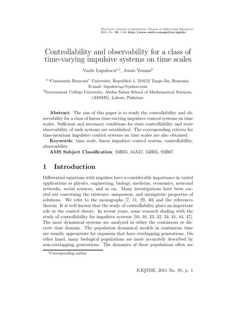 Pdf Controllability And Observability For A Class Of Time Varying Impulsive Systems On Time Scales