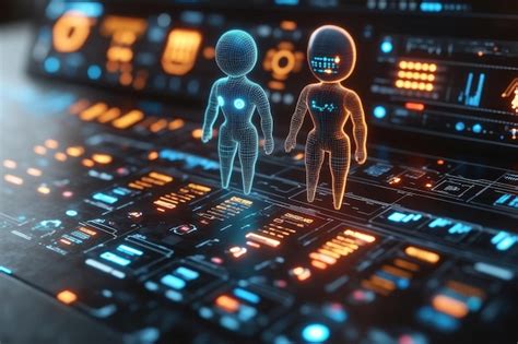 Futuristic Digital Interface With Holographic Figures And Data Displays