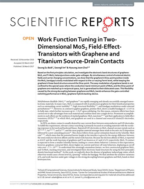 Pdf Work Function Tuning In Two Dimensional Mos2 Field Effect Transistors With Graphene And