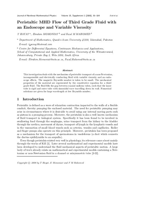 Pdf Peristaltic Mhd Flow Of Third Grade Fluid With An Endoscope And