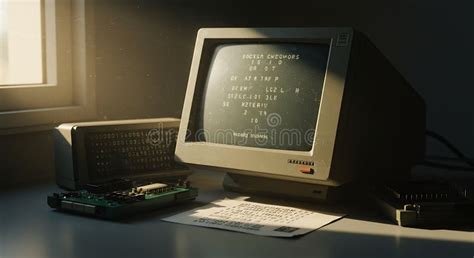 Vintage Terminal Computer Displaying Cryptic Green Text Stock