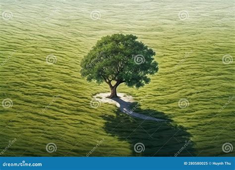 Hyperrealism Minimalism Cinematic Grassy Landscape With A Stunning Lone Oak Tree Stock
