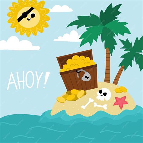 벡터 보물섬 풍경 그림 무인도 보물상자 야자나무가 있는 해적 파티 장면 프리미엄 벡터