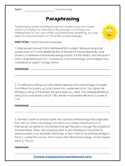 Paraphrasing Worksheet Pdf