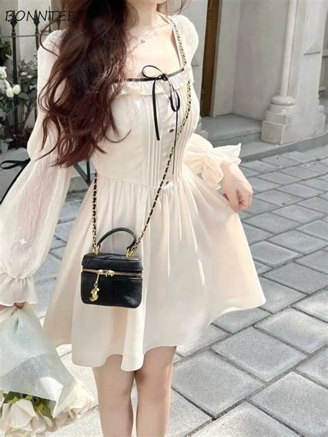 여성용 긴팔 스퀘어 칼라 A 라인 드레스 프렌치 스타일 스트리트웨어 패션 봄 신상 디자인 미적 클래식 Aliexpress