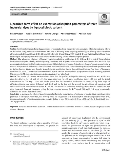 Pdf Linearized Form Effect On Estimation Adsorption Parameters Of Three Industrial Dyes By