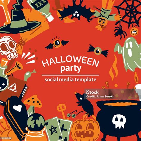 마법의 요소의 할로윈 파티 템플릿 세트 매직 모자 박쥐 두개골 양초 호박 마법의 공 카드 놀이 유령 뱀 버섯 독 칼 웹 거미 눈 뼈 마법 책 양초 0명에 대한 스톡 벡터