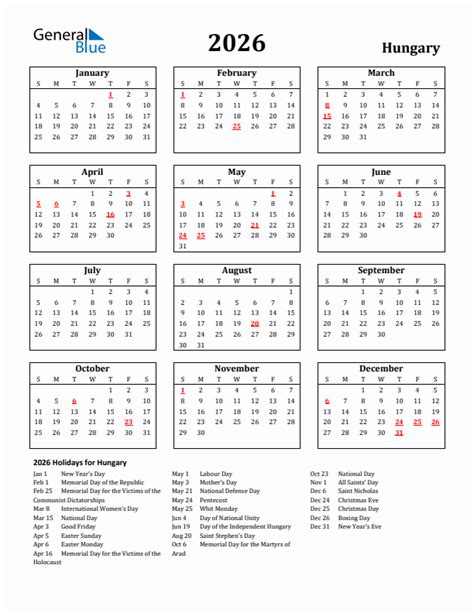 2026 Hungary Calendar With Holidays