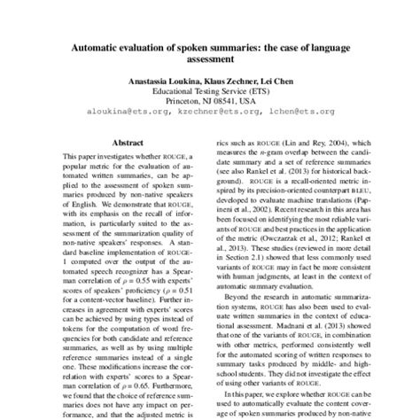 Automatic Evaluation Of Spoken Summaries The Case Of Language Assessment Acl Anthology