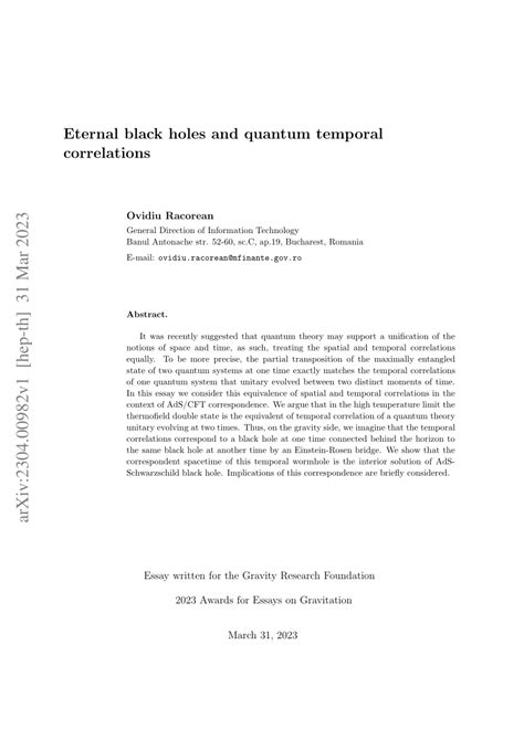 Pdf Eternal Black Holes And Quantum Temporal Correlations