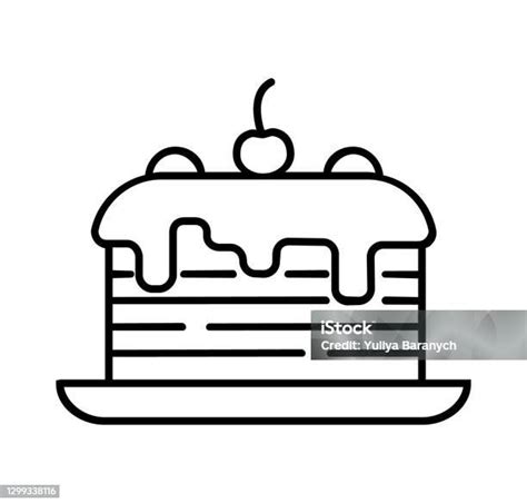흰색 배경에 격리 된 윤곽 스타일의 디저트 아이콘 벡터입니다 케이크 Charry와 불법 행위 과일에 대한 스톡 벡터 아트 및