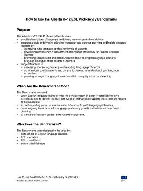 How To Use The Alberta K 12 Esl Proficiency Benchmarks Pdf English As A Second Or Foreign