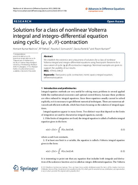 Pdf Solutions For A Class Of Nonlinear Volterra Integral And Integro Differential Equation