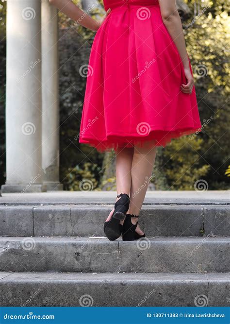 Brunette Girl Posing In Park In Red Dress With Naked Back Stock Image Image Of Elegant Lady