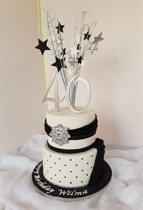 40th White Silver And Black Birthday Cake With Stars