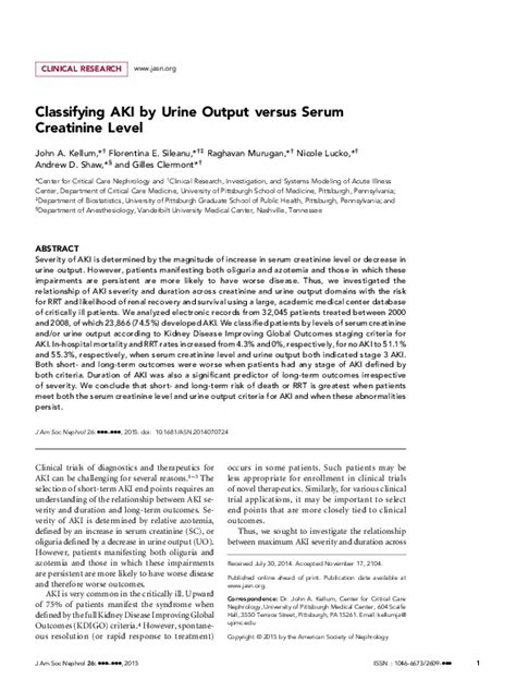 Pdf Classifying Aki By Urine Output Versus Serum Creatinine Level