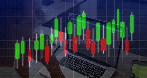 Candlestick Chart Animation Over Person Using Laptop In Office Setting