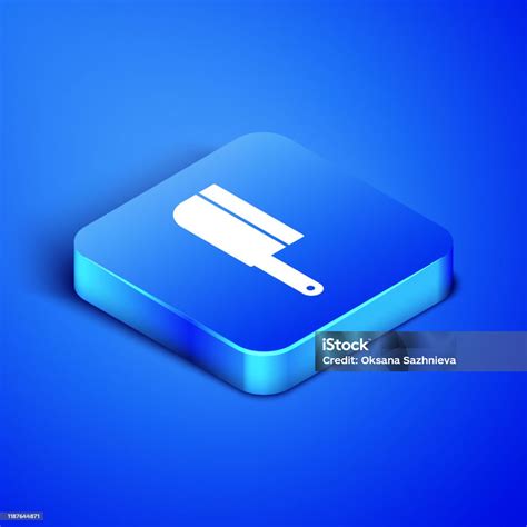 파란색 배경에 격리된 등각칭 고기 헬기 아이콘입니다 고기 부엌 칼입니다 정육점 칼 파란색 사각형 버튼입니다 벡터 일러스트레이션 가정 생활에 대한 스톡 벡터 아트 및 기타