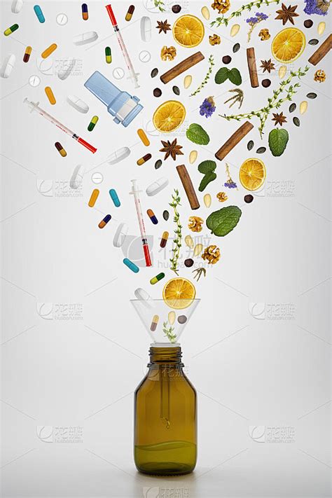 草药与化学药物白色背景 药物与草药