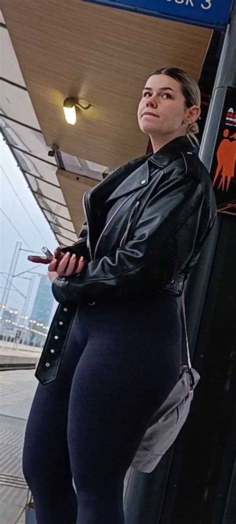 Fatass Blonde In Yoga Pants Waiting For A Train Spandex Leggings