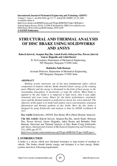 Pdf Structural And Thermal Analysis Of Disc Brake Using Solidworks And Ansys