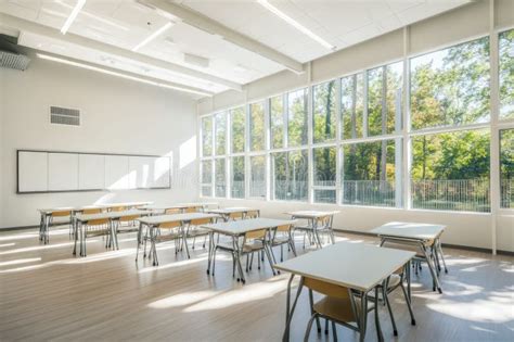 Spacious School Assembly Hall With Wood Benches And Modern Interior