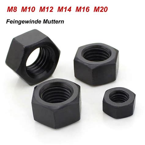 Sechskantmuttern M8 M10 M12 M14 M16 M20 Schwarzer Stahl Feingewinde