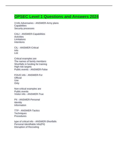 OPSEC Level Questions And Answers Operations Security OPSEC Stuvia US