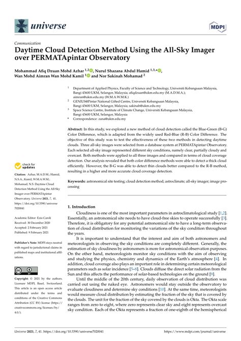 Pdf Daytime Cloud Detection Method Using The All Sky Imager Over