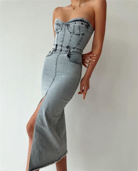 Meely Özel Tasarım Derin Yırtmaçlı Denim Elbise Açık Mavi Modelleri En Uygun Fiyatlarla