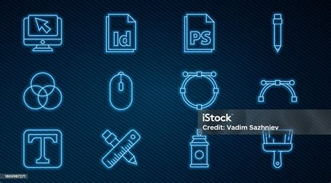 선 설정 페인트 브러시 베 지어 곡선 Ps 파일 문서 컴퓨터 마우스 Rgb 및 Cmyk 색상 혼합 모니터 커서 원 및 Id 아이콘 벡터 Cmyk에 대한 스톡 벡터 아트 및