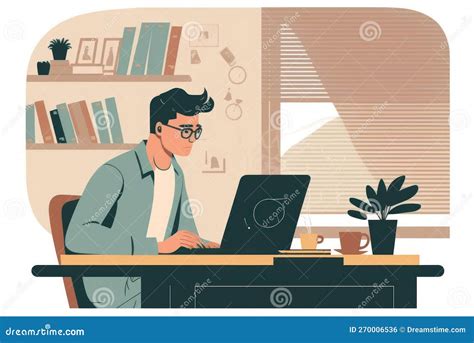 Man Working On Desk With Laptop Productive Work Flat Design Stock Illustration Illustration
